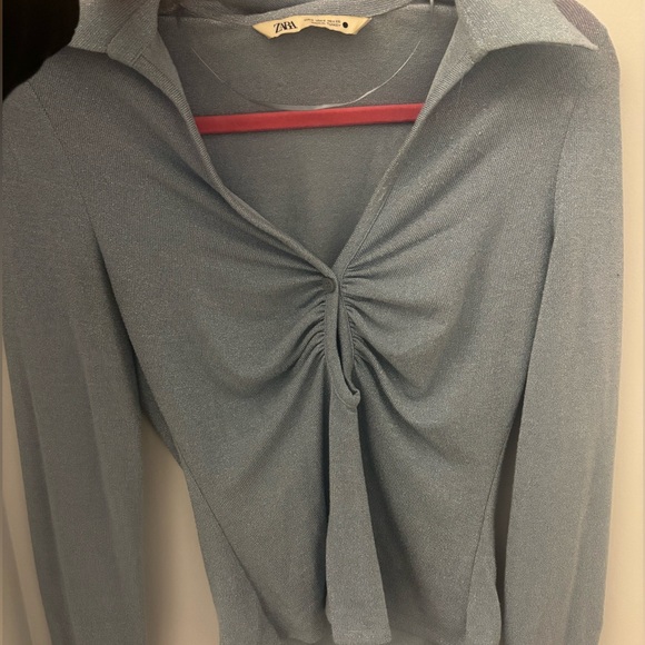 Zara | Tops | Zara Shiny Blue Collared Shirt | Poshmark